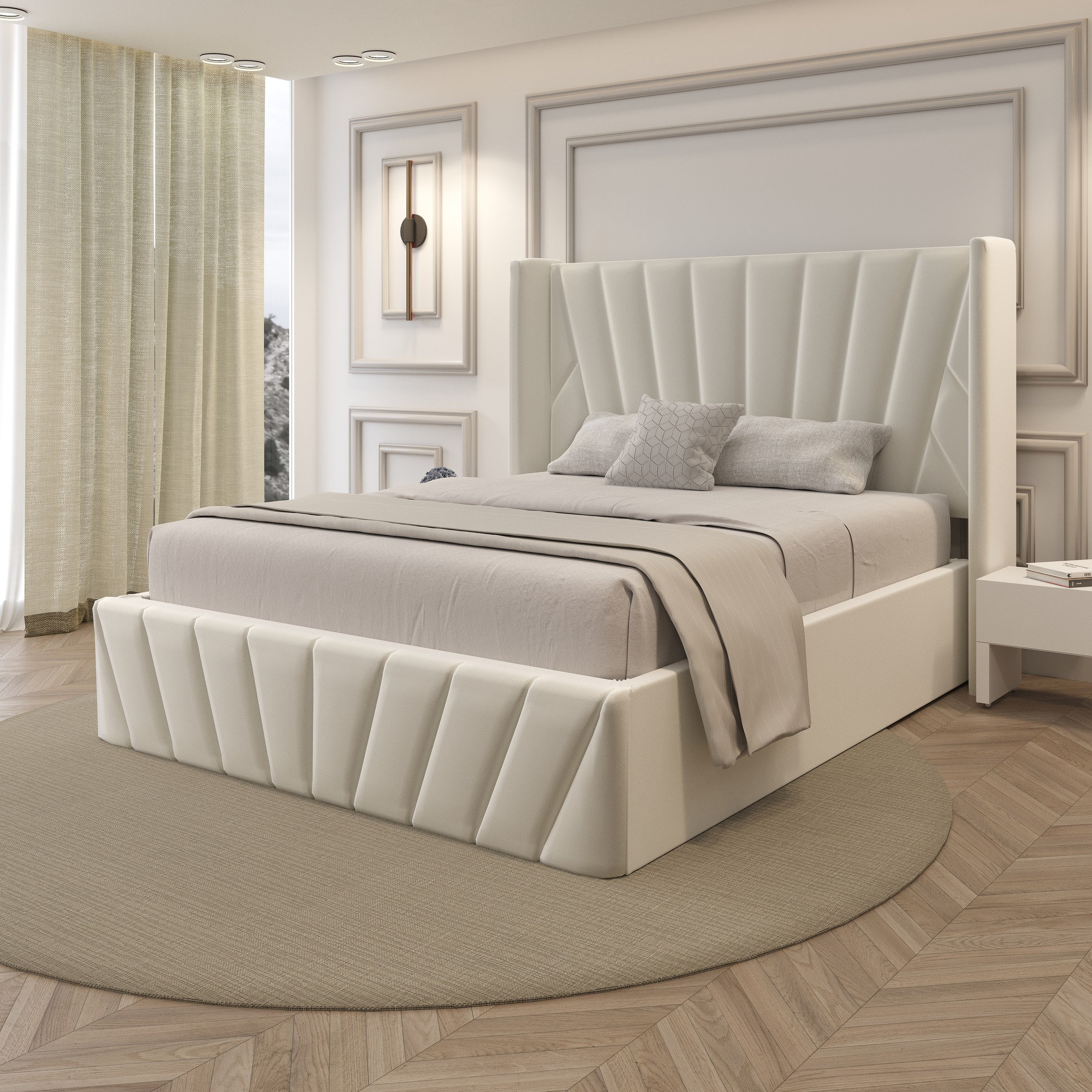 Latitude Run Upholstered High Headboard Storage Bed w Hydraulic Gas Lift Wood Slat System Under Bed Storage